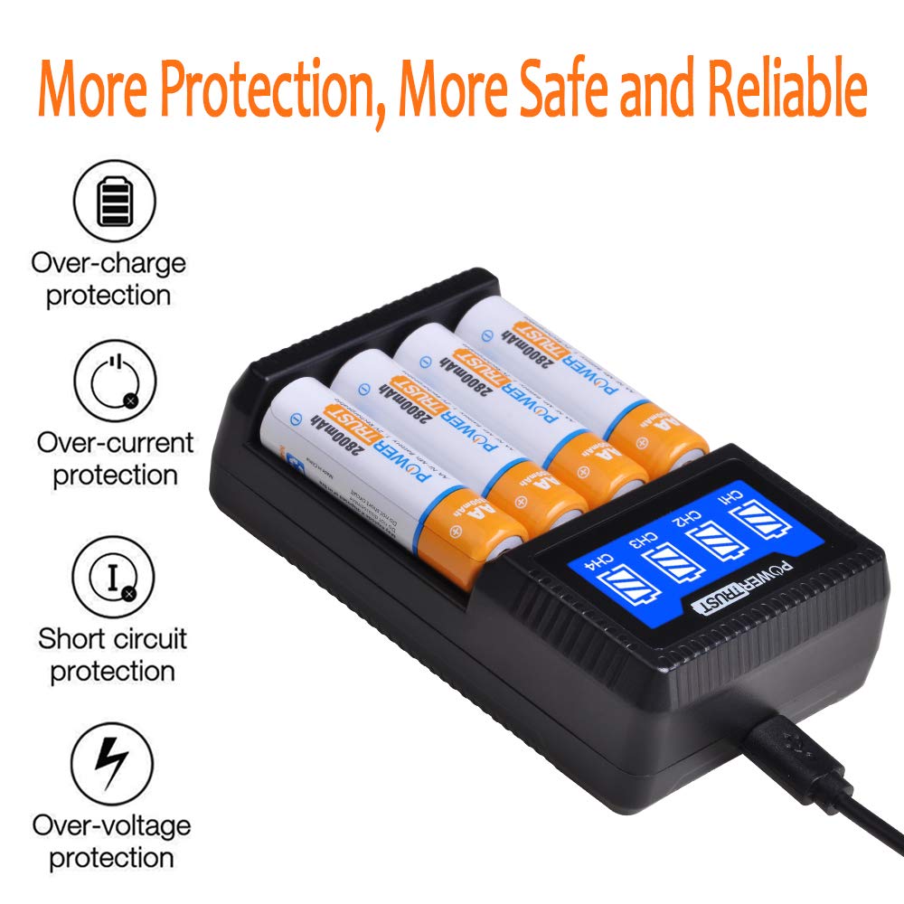 PowerTrust 2800mAh 4Pack AA Rechargeable Batteries and LCD USB Charger for AA AAA Ni-MH Rechargeable Batteries with 4-Slots
