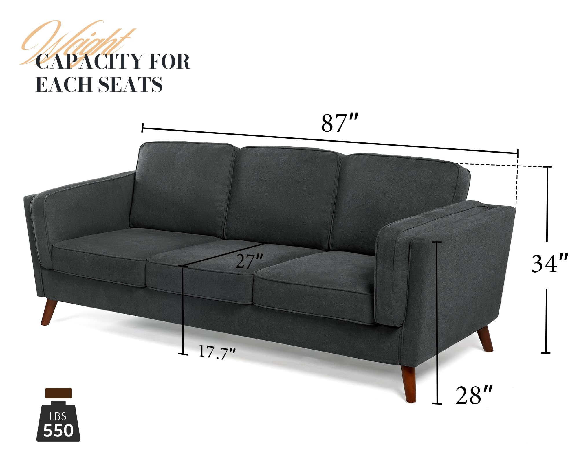VanAcc 87in Sofa Modern Sofa Couch - Embedded Arm Pillow 3 Seater Sofa Deep Seat Sofa for Livingroom House, Dark Grey