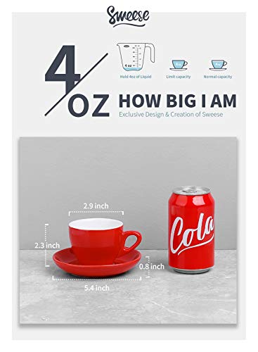 Sweese 402.404 Espresso Cups with Saucers, 4 Ounce Demitasse Cups, Perfect for Single or Double Espresso, Cappuccino, Latte and Tea - Set of 4, Red