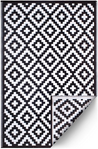 FH Home Outdoor Rug - Waterproof, Fade Resistant, Reversible - Premium Recycled Plastic - Geometric - Porch, Deck, Balcony, Mudroom, Laundry Room, Patio - Aztec - Black & White - 3 x 5 ft