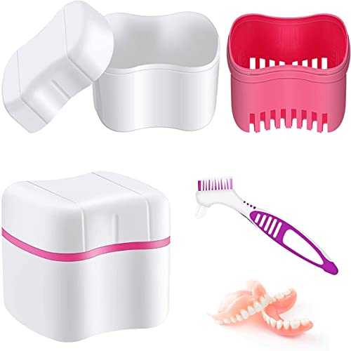 BTwood - Denture Bath Kit - Includes 2 Denture Bath Cups + 2 Denture Cleaner Brushes + 2 Strainer Baskets - Ideal for Dentures, Retainers & Mouthguards, 1.0 Fl Oz