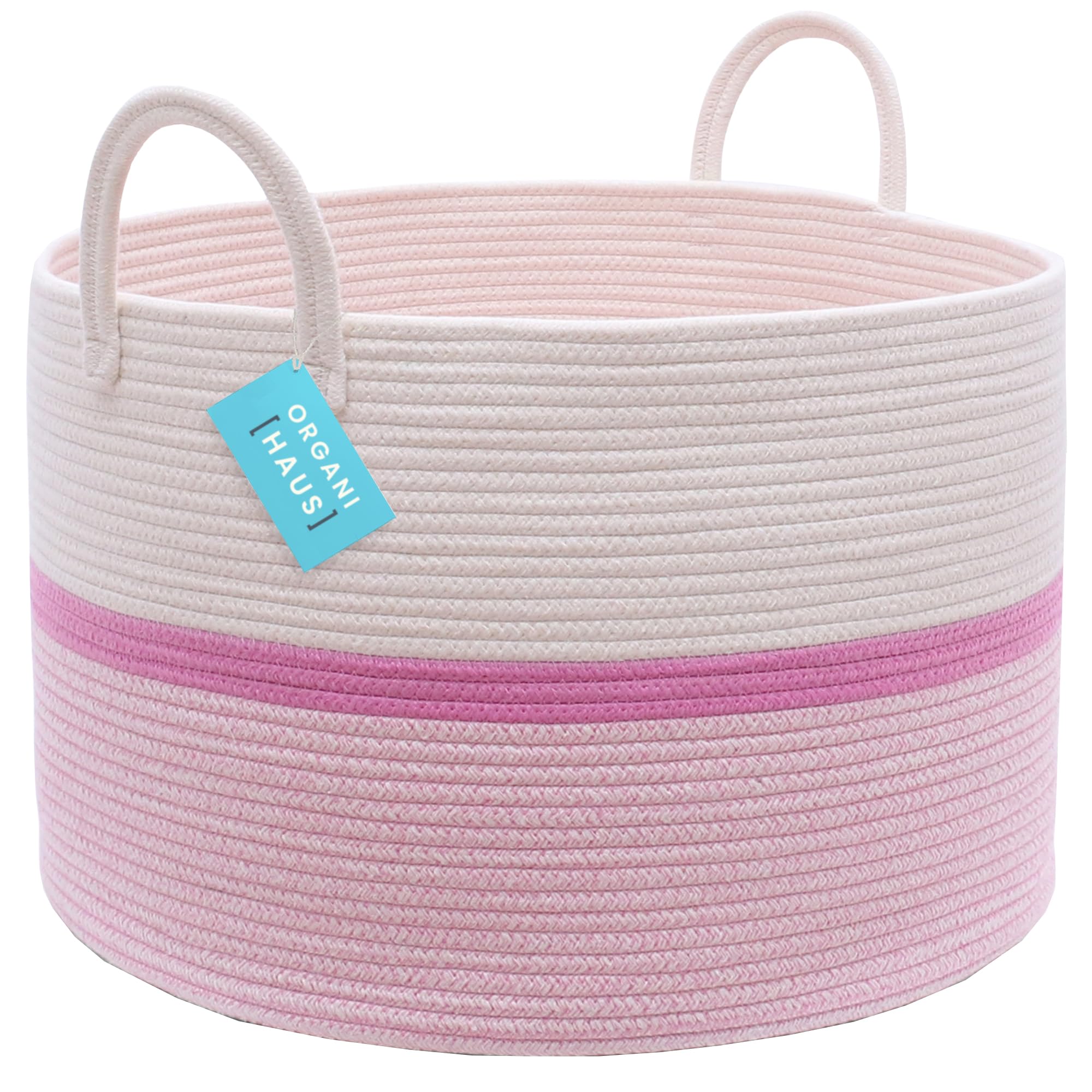 OrganiHaus Baby Laundry Basket 20x13, Large Cotton Rope Basket, Large Blanket Basket Living Room, Large Woven Basket, Extra Large Basket for Blankets Living Room, Pink Woven Laundry Basket