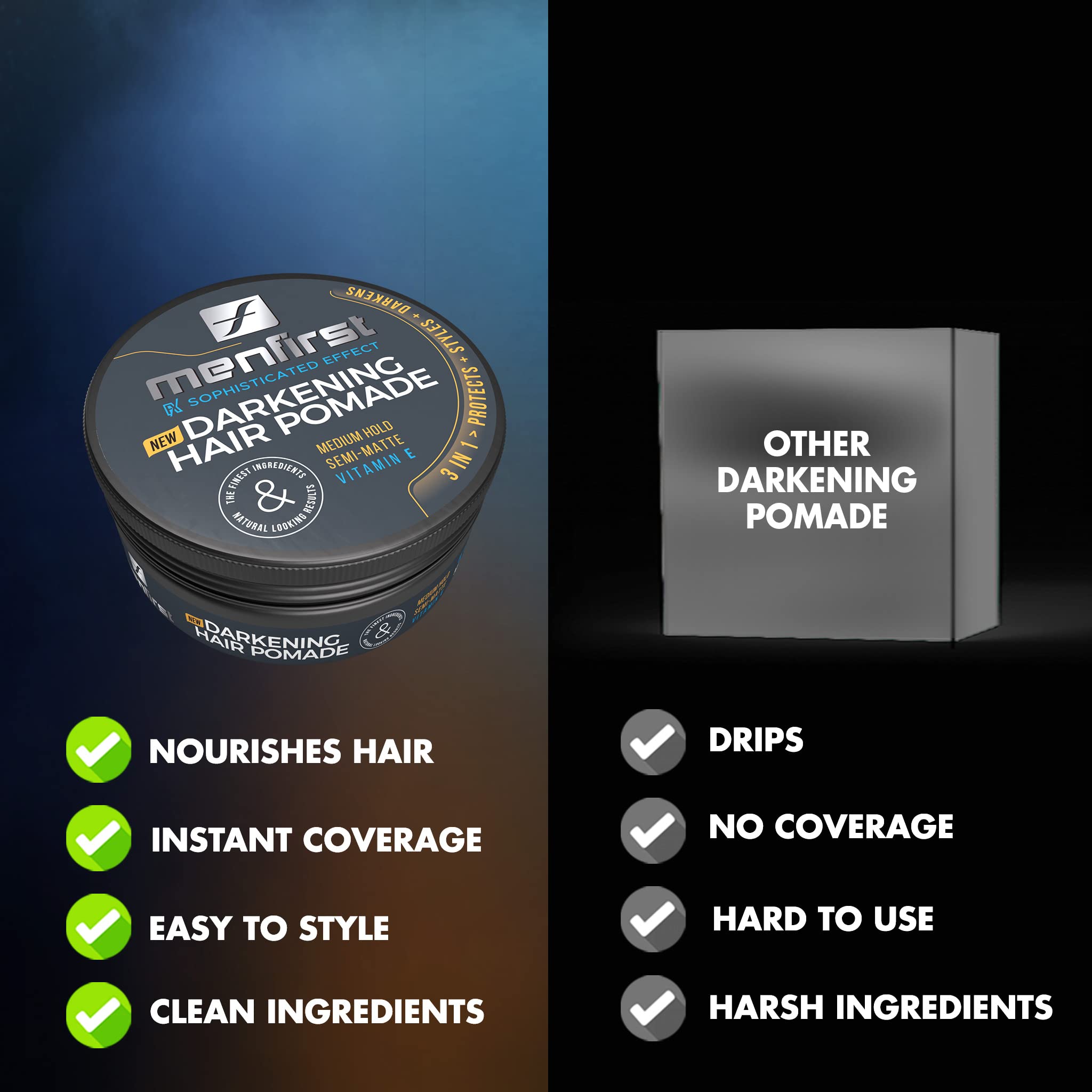 MENFIRST - Hair and Beard Pomade for Men - Instant Gray Coverage for Medium Brown to Black Styling Paste - Darkens White Hair Like a Wax - 1 Pack