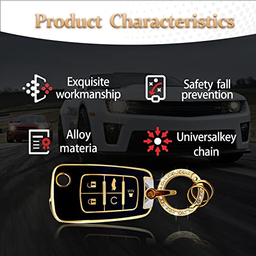 Compatible with Chevy Key Fob Cover with Keychain Lanyard, Soft TPU Keys Shells Replacement for Chevrolet Buick Camaro Cruze Equinox Malibu Impala Spark Sonic GMC-Black
