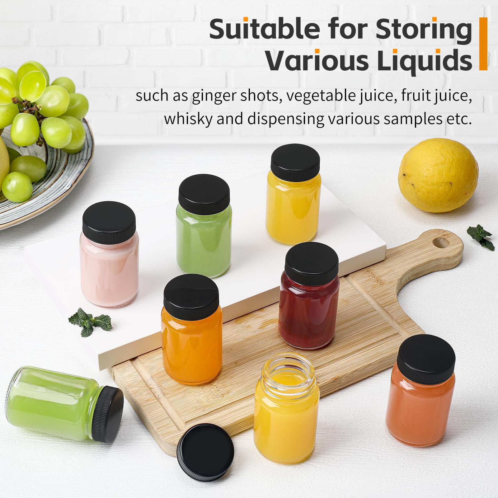 DIMBRAH Shot Bottles with Caps- 24pcs Ginger Shots Bottles,2 oz Glass Jars with Lids,Travel mini bottles with lids,Small Glass Bottles for Juice(with White Plastic Lid & 30 Blank Labels)