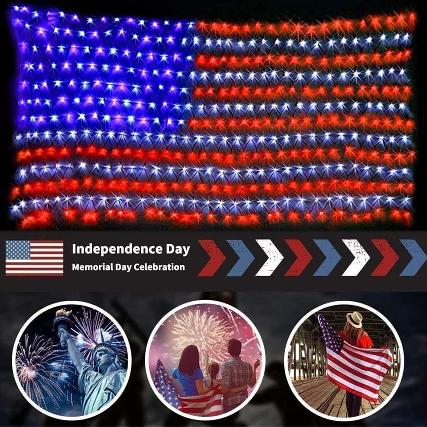 MZD8391 Solar American US Flag Lights [Solar & USB 2 Power Way], 420 LEDs Waterproof USA Net Lights, 6.75 FT x 3.53 for Garden, 4th of July, Independence Day Decoration