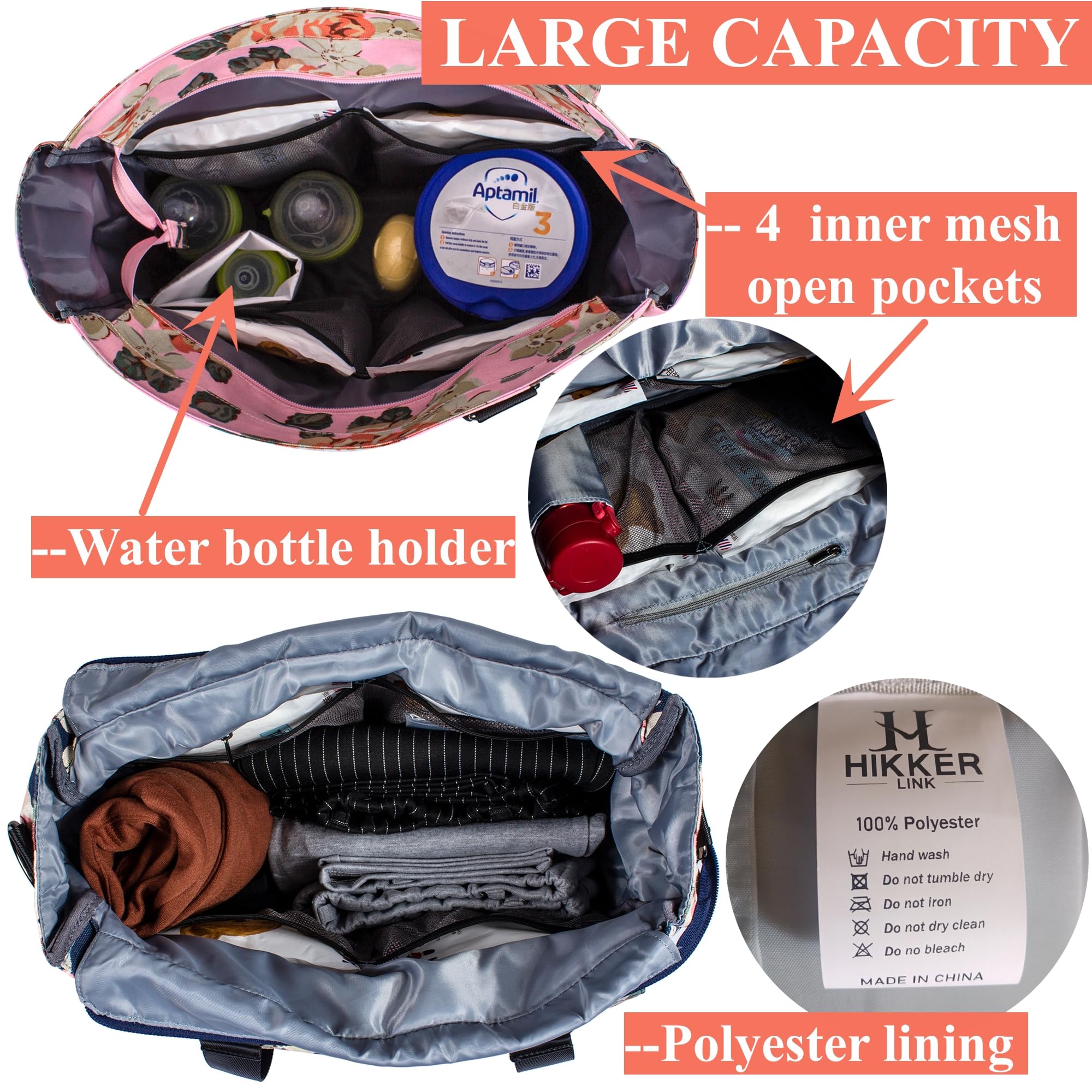 H HIKKER-LINK Womens Large Floral Waterproof Diaper Bag Weekend Bags Handbag for Mom Tote Bag Changing Pad Dark Blue