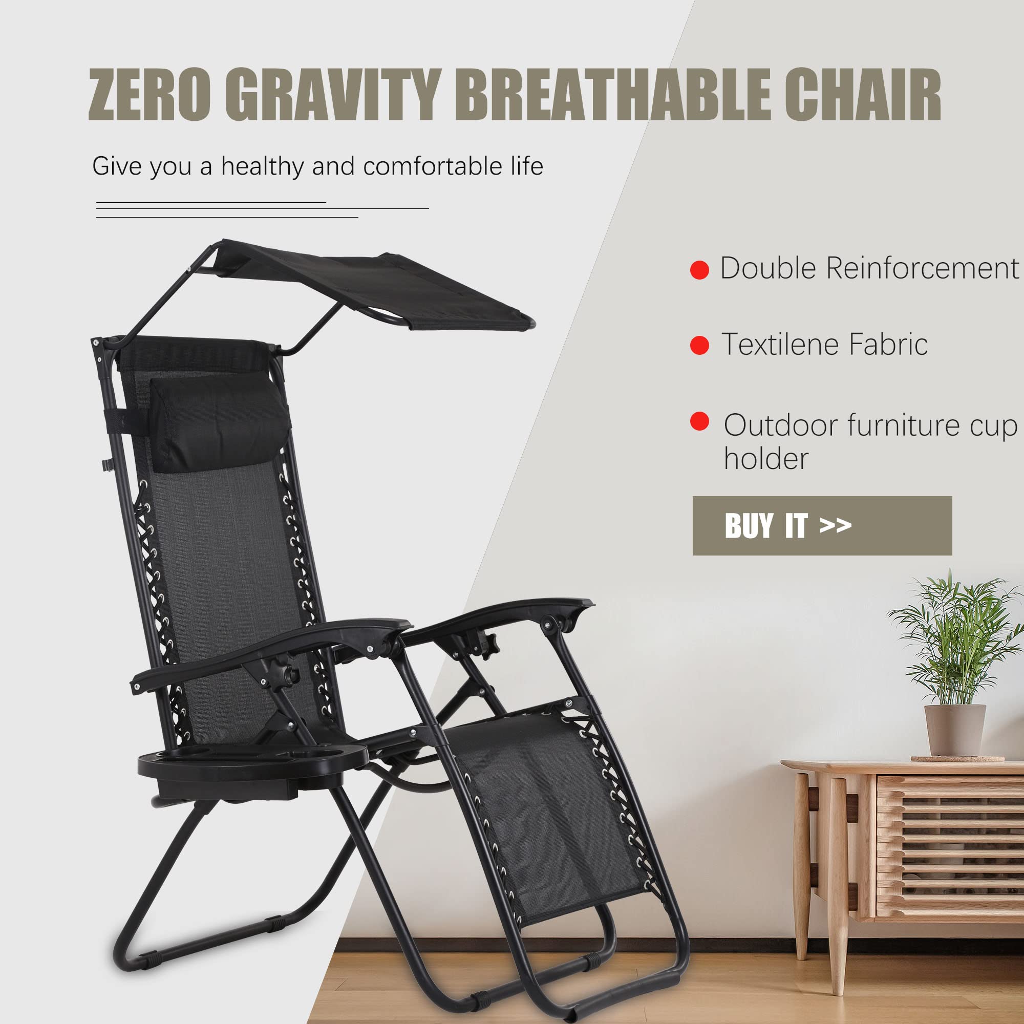 FDW 2 PCS Zero Gravity Chair Lounge Chairs Patio Chairs with Canopy Cup Holder for Outdoor Patio Seaside (Black)
