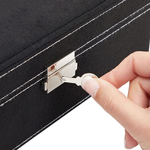 Black Jewelry Box with Lock and Key, 2 Layer Travel Display Case and Storage Organizer with Removable Tray for Earrings, Men, Girls, and Women (10.5x10.5x3.5 in)