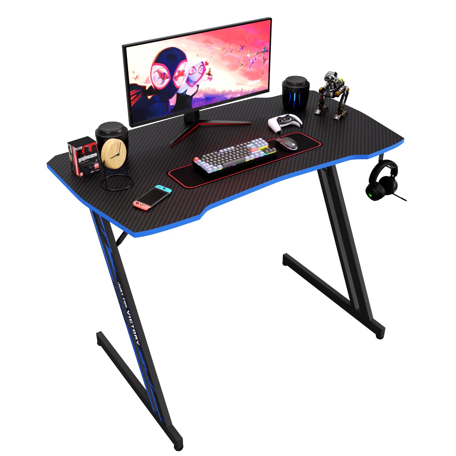 BestOffice Gmaing Desk Z Shaped 47 inch Gaming Workstation Ergonomic Gaming Table PC Computer Desk with Headphone Hook for Game Players, Blue