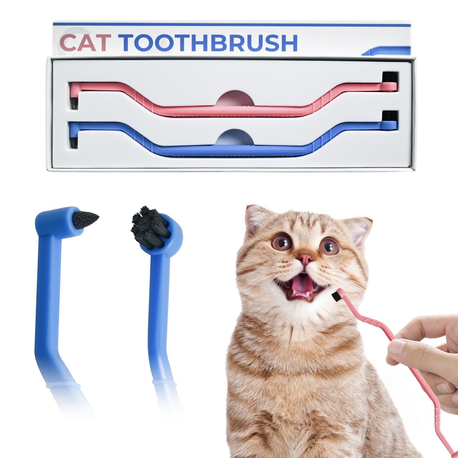 XUEPETT 2 Pcs Dual Sided Cat Toothbrush with Micro Brush Head, Anti-Slip Curved Handle, Cat Dental Care Supplies Eliminates Bad Breath and Reduces Plaque Tartar Formation