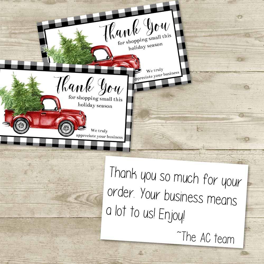 Black Buffalo Plaid Red Watercolor Pickup Truck Christmas Holiday Customer Appreciation Package Inserts for Small Businesses, 100 2" X 3.5” Single Sided Insert Cards