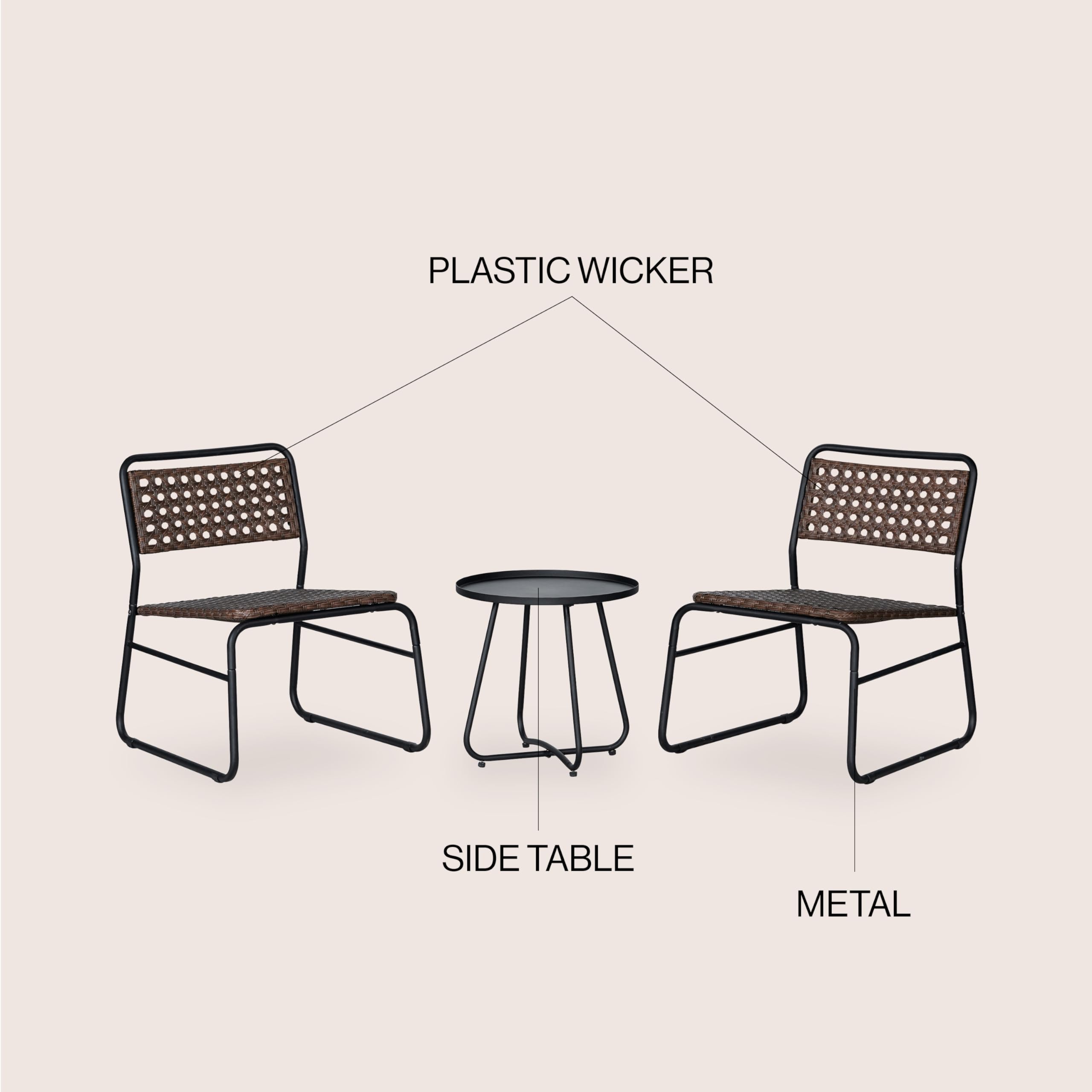 JONATHAN Y LVG1100B-3SET Freja 3-Piece Mid-Century Modern Faux Rattan Conversation Outdoor Patio Set Scandinavian, Classic, Transitional, Bohemian, Traditional, Black/Brown