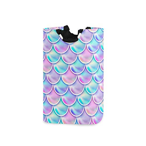 Ollabaky Large Foldable Laundry Hamper Bag with Handles, Mermaid Scales Laundry Basket Box Big Storage Organizer for Family, Dormitory, Washhouse…