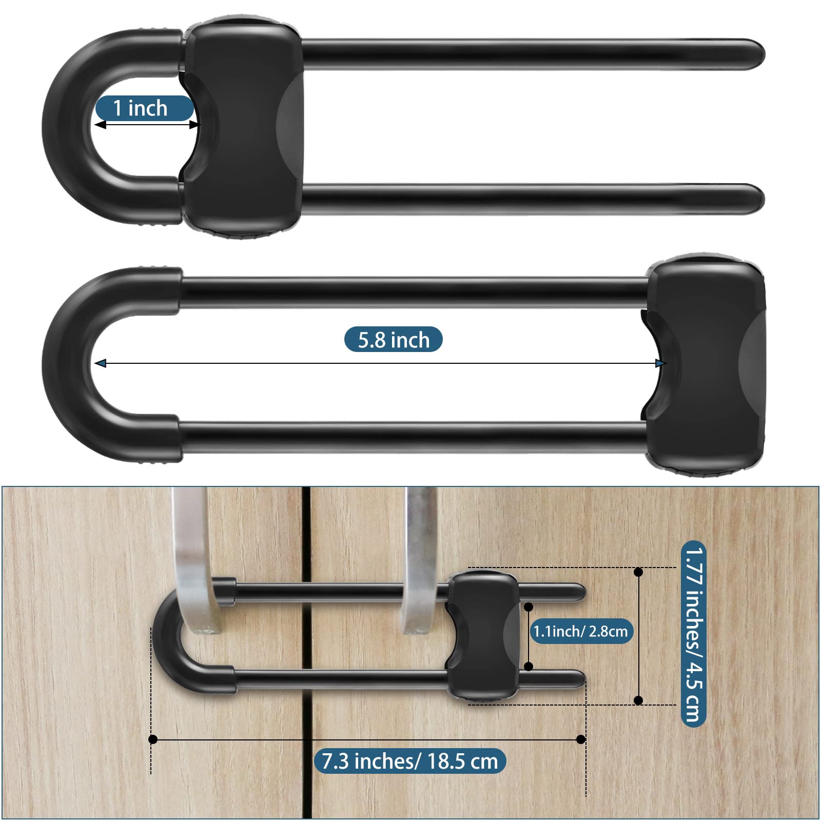 30 Pcs Sliding Cabinet Locks for Babies Adjustable U Shaped Safety Child Locks Baby Proofing Cabinet Latches for Drawer Knob Handle on Kitchen Bathroom Storage Cupboard Door Closet Dresser (Black)