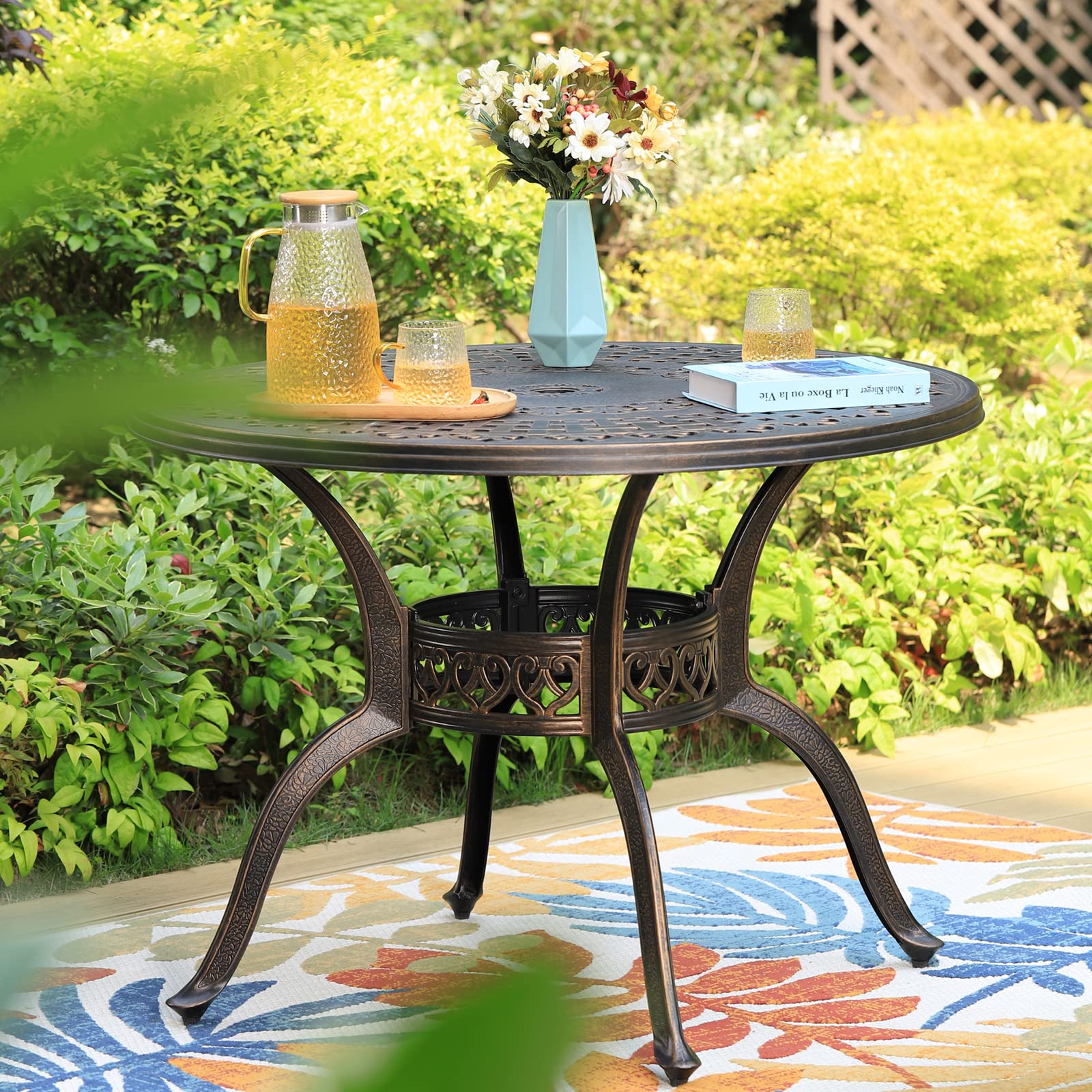 Sophia & William Cast Aluminium Patio Dining Table Round with 1.97" Umbrella Hole, Premium Bronze Outdoor Bar Bistro Table for Porch Balcony Backyard, 39" Dia x 28.3" H