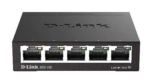 D-Link Ethernet Switch, 5 Port Gigabit Unmanaged Metal Desktop Plug and Play Compact (DGS-105),Black