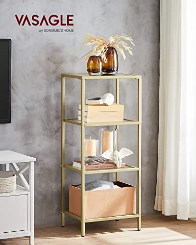 VASAGLE Bookcase, 4-Tier Bookshelf, Slim Shelving Unit for Bedroom, Bathroom, Home Office, Tempered Glass, Steel Frame, Gold Color ULGT28G