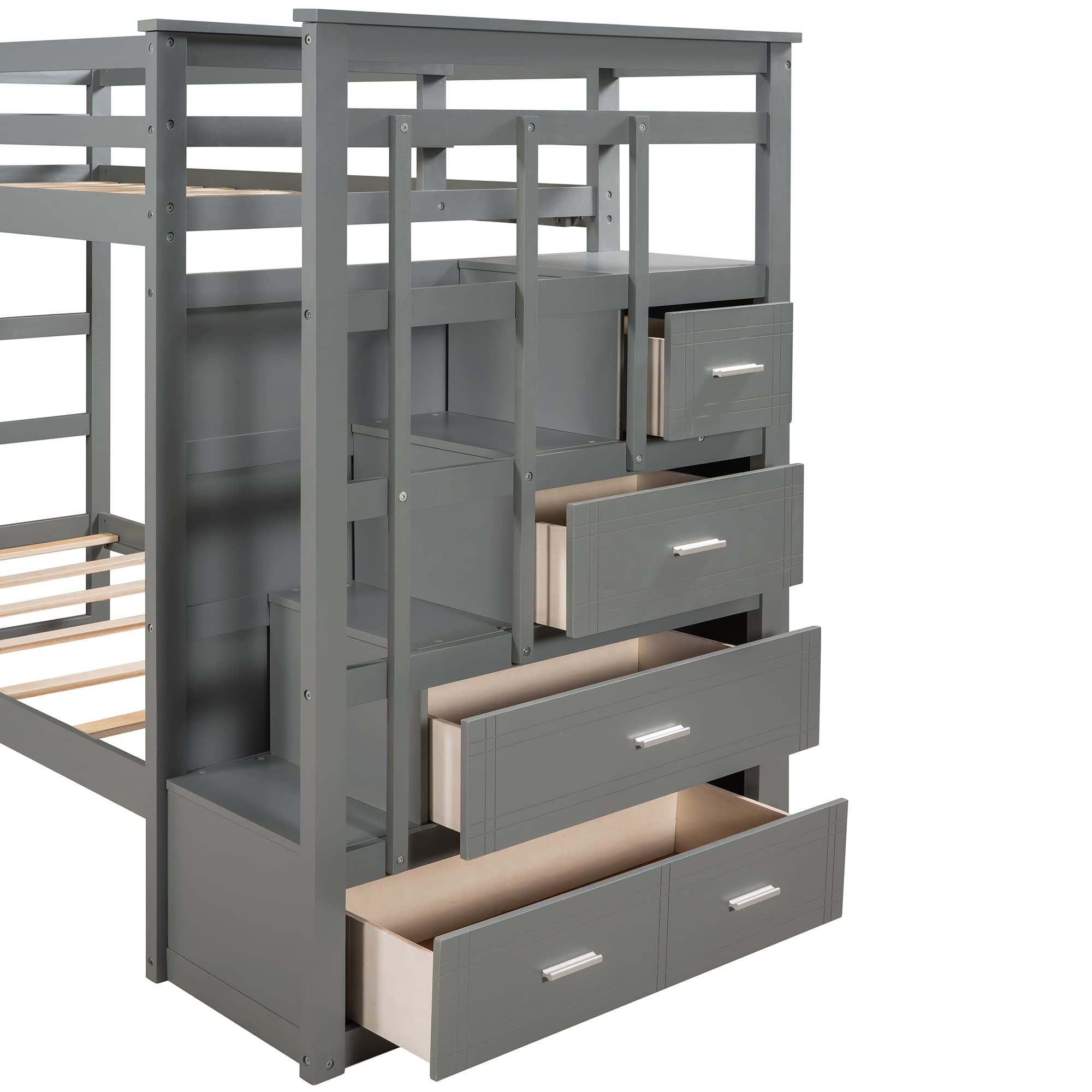 P PURLOVE Twin Over Twin Bunk Bed with Twin Size Trundle,Wood Bunk Bed Twin Size with Staircase,Kids Bunk Bed with Storage Drawers for Boys Girls Teens