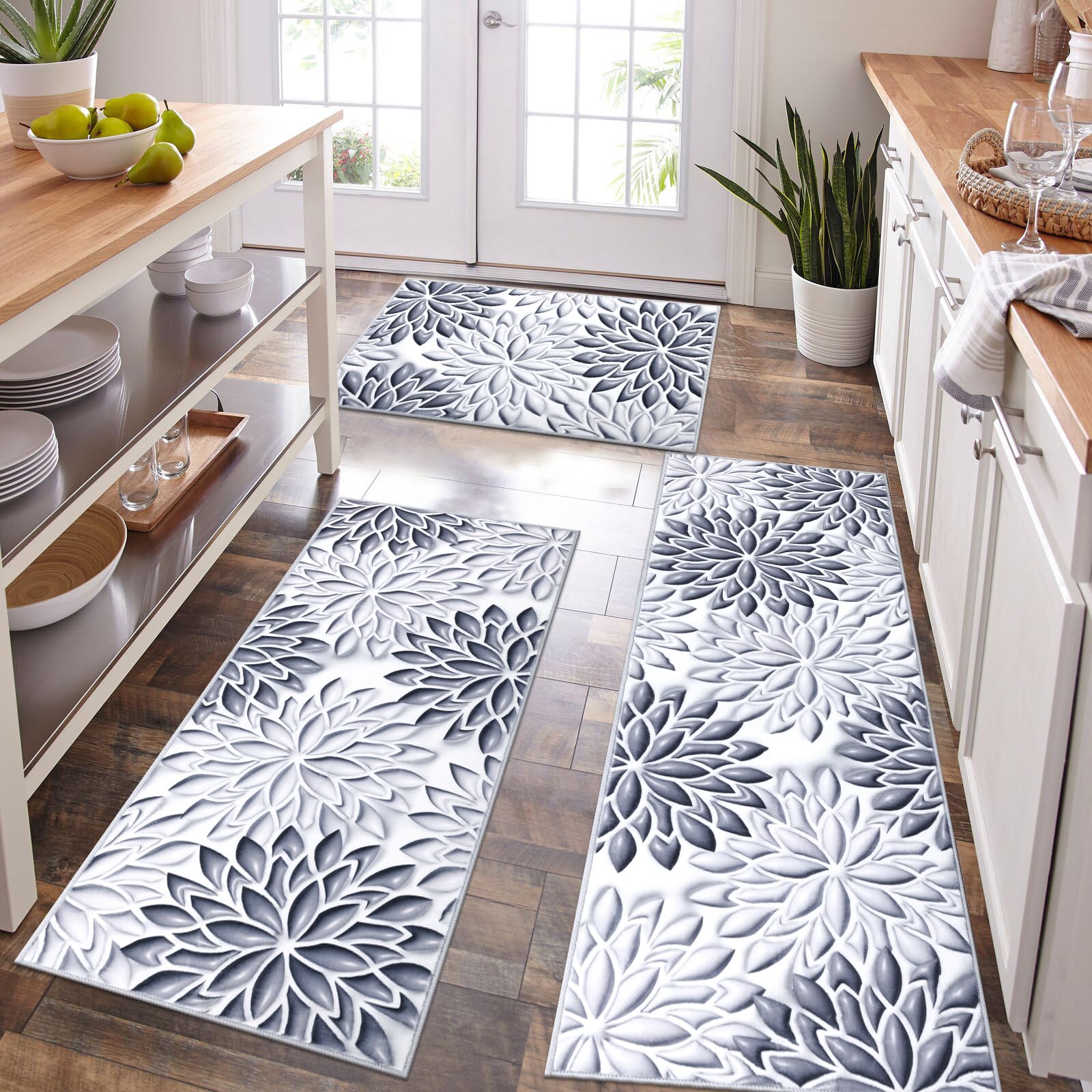 Vaukki Floral Kitchen Rug Sets 3 Pieces, Washable Kitchen Mats for Floor, Non Slip Soft Kitchen Area Rug Floor Mat for Kitchen, Laundry Room and Hallway (Grey, 20''x32''+20''x47''+20''x59'')