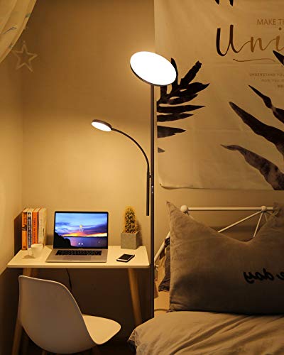 tomons Dimmable Floor Lamp, Bright Tall Mother-Daughter Light Torchiere Sky LED Torchiere with Remote Controller, Stepless Dimming, 3 Color Temperatures, Modern Industrial Living Room, Bedroom - Black