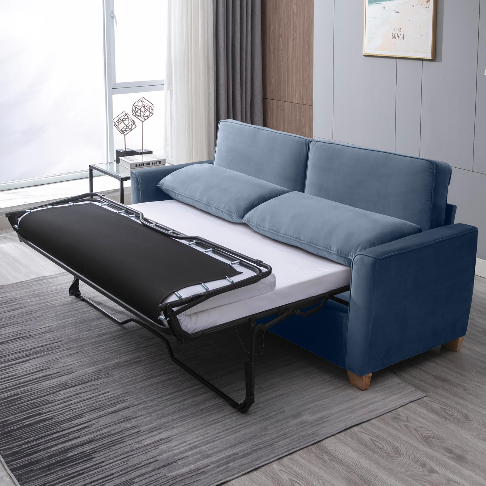 PUREMIND 70" Folding Sofa Bed with Comfortable Mattress, Convertible Sleeper Sofa Pull Out Couch for Living Room, Velvet Upholstery, Easy Assembly, Ideal for Small Spaces, Full Size, Blue