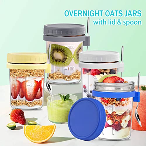 Alitake Overnight Oats Container with Lid and Spoon - 16 oz Glass Overnight Oats Jars with Measurement Mark - 4 Pcs Portable Large Capacity Airtight Mason Jars for Overnight Oats, Cereal, Milk, Fruit