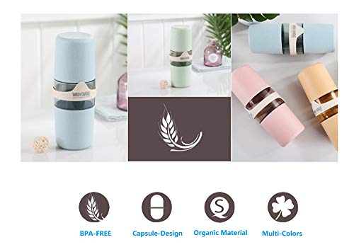 Travel Toothbrush Case & 2 Pack Gargle Cup, YEEHO Portable Electric Toothbrush Container Natural Wheat Straw Dual Holder Towel Toothpaste Organizer Storage for Outdoor Business Trip Wash,Blue