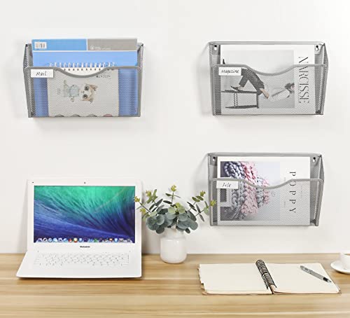 EasyPAG Mesh Wall File Holder 3 Pockets Hanging File Folder Organizer for Home and Office with Nametag Label, Silver
