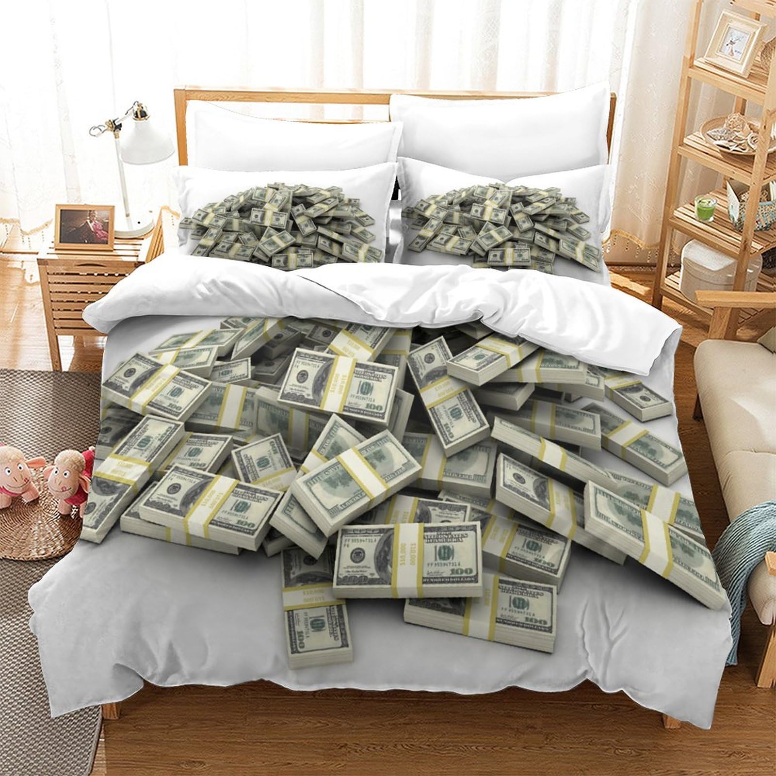 Dollar Currency Bed 3-Piece Theme Decoration, Fun Art Quilt Cover, Banknote Theme Decoration Bed Duvet Cover, Bedroom Room Personality Decoration 3-Piece Set Single(135x200cm)