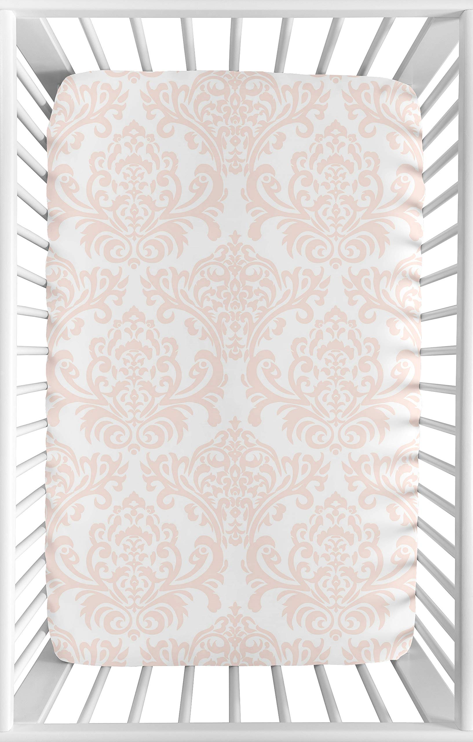 Sweet Jojo Designs Damask Baby Girl Fitted Portable Crib Sheet for Amelia Collection, for Mini Crib or Pack & Play Only, Blush Pink and White