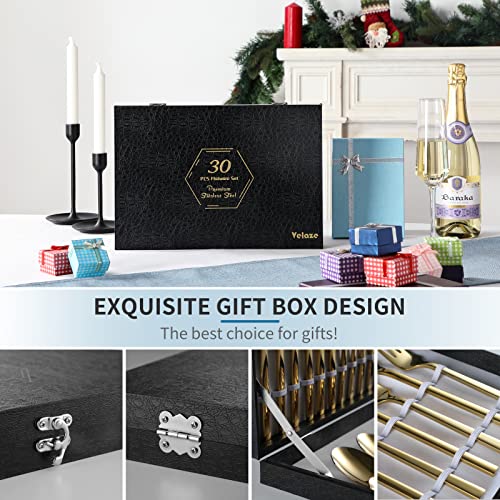 Velaze 30 Piece Gold Silverware Set for 6 with Fancy Gift Box, Premium Stainless Steel Flatware Set, Mirror Polished Cutlery, Durable Forks Spoons and Knives Set, Kitchen Utensils Sets