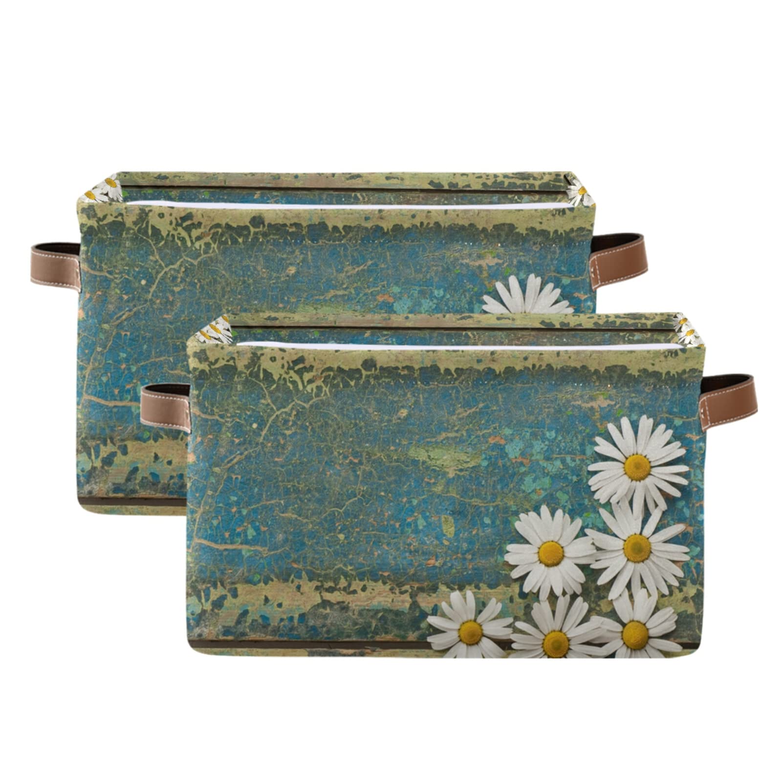 Flower Floral Daisy Wood Storage Bin Canvas Toys Storage Basket Bin Large Storage Cube Box Collapsible with Handles for Home Office Bedroom Closet Shelves,1 pc