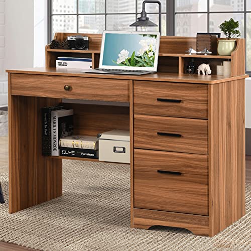 Computer Desk with 4 Drawers and Hutch, Office Desk with File Drawers and Monitor Shelf, Small Roll Top Desk For Small Space, Vintage Executive Desk For Home Office, Rustic Oak Desk with Drawer