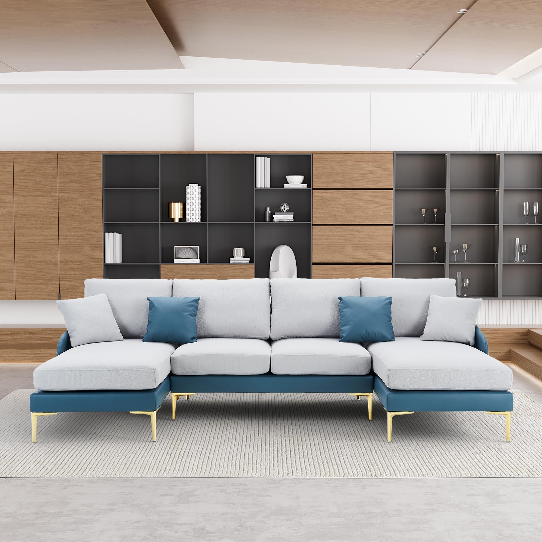OUYESSIR U Shaped Sectional Sofa Couch, 4 Seat Sofa Set with Double Chaise, 108.5" U-Shaped Modern Fabric Sofa Sleeper with 4 Throw Pillows for Living Room, Blue