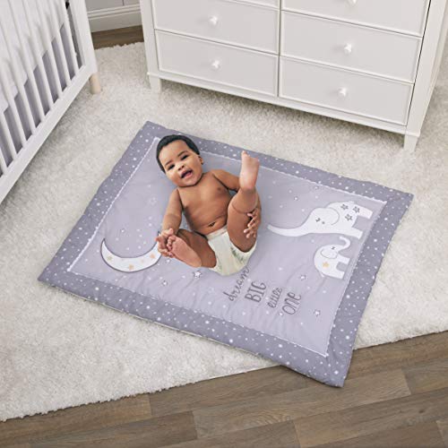 Little Love by NoJo Dream Big Little Elephant Grey, White and Gold 3 Piece Mini Crib Bedding Set - Comforter with Two Fitted Mini Crib Sheets