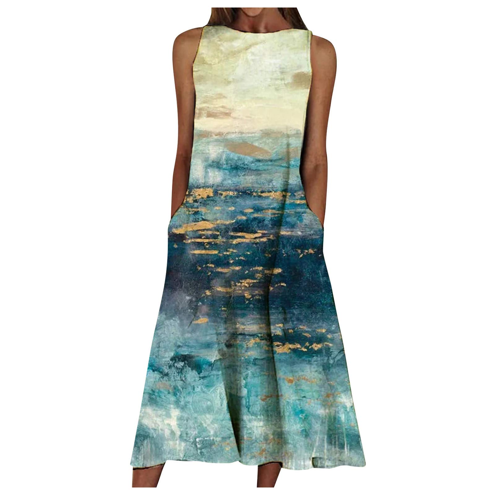 Padaleks Womens Summer Beach Holiday Dress Sleeveless Crewneck Loose Sundress Casual Tank Dresses with 2 Pockets Blue
