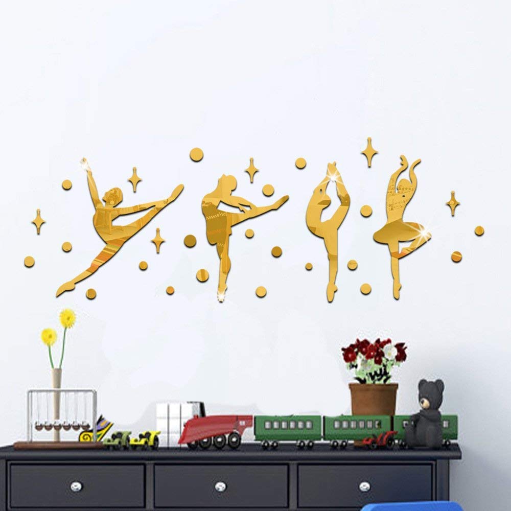 QISHENG Ballet Girl Mirror Dance Classroom Baby Girl's Room Bedroom Wall Stickers 39.4x14.2" (Gold)