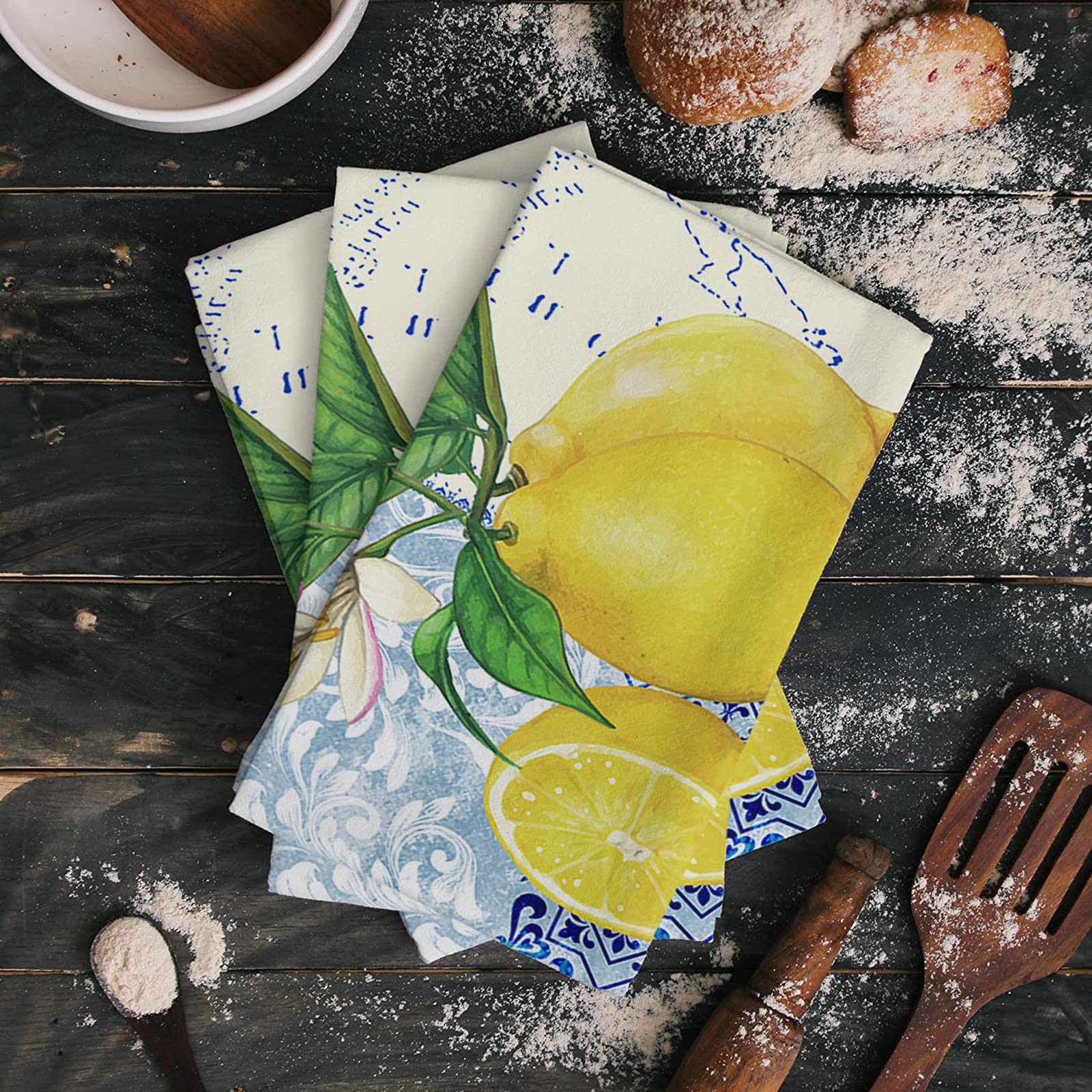 4 Pack Dish Towel for Kitchen,Absorbent Dishes Cloth Summer Farmhouse Yellow Lemons Soft Hand Towels for Home Cleaning Quick Drying Bathroom Cloths Terry Abstract Porcelain Tile