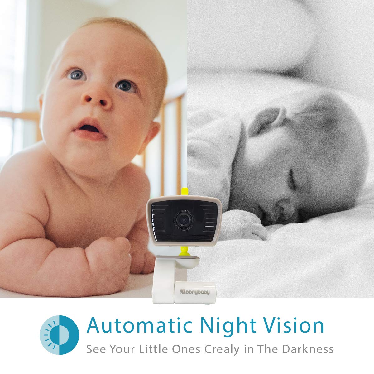 Moonybaby Split Screen Baby Monitor with 2 Cameras, Extended 12hrs Battery Life, Wide View, Large Screen, Long Range, Night Vision, Temperature Monitoring, 2 Way Talk Back, Power Saving