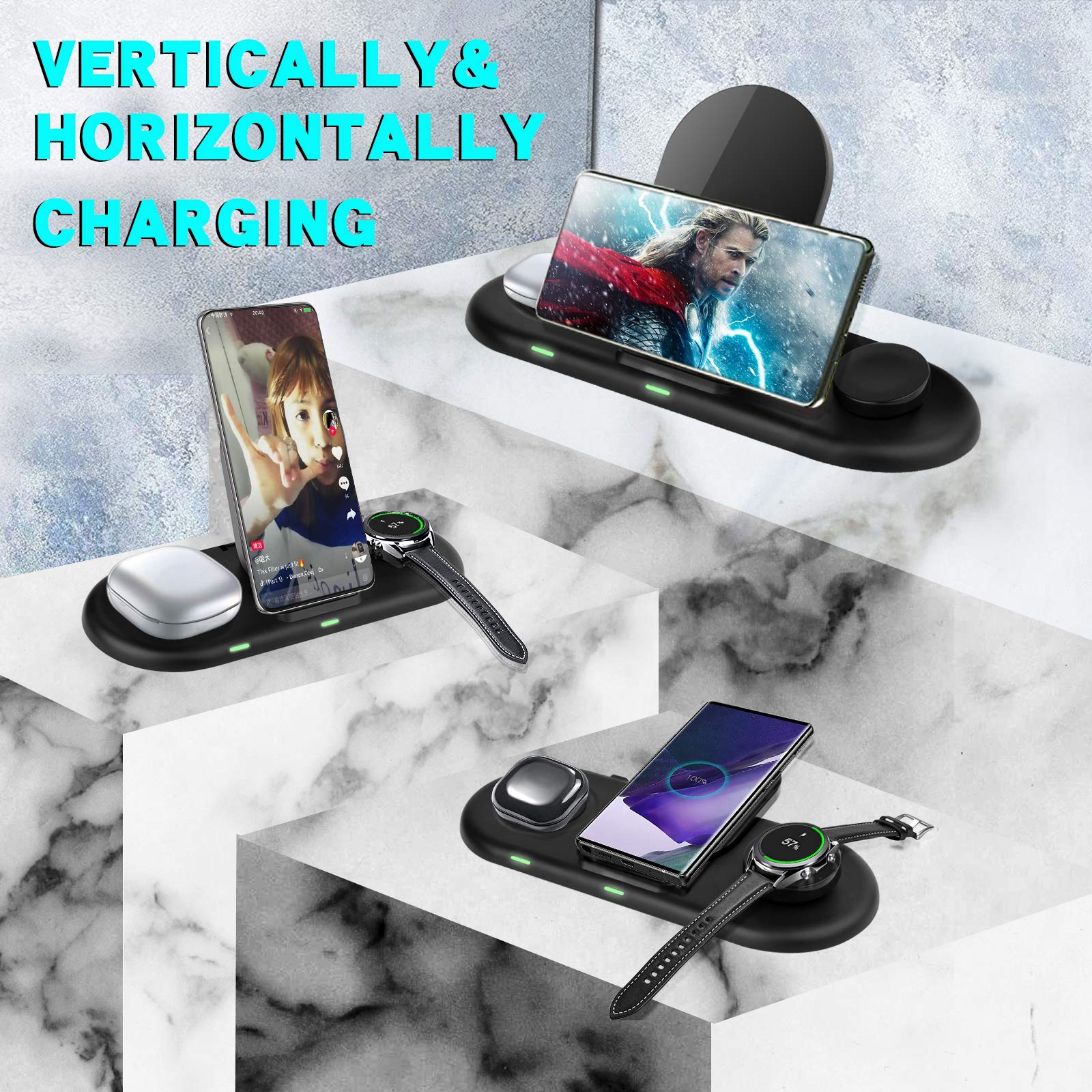 Wireless Charging Station 3 in 1, Fast Wireless Charger for Samsung Galaxy Watch 4, Active 2 Series and Galaxy Buds Series, Phone Charger Stand Dock Compatible with Samsung Galaxy S22 S20 Note(Black)