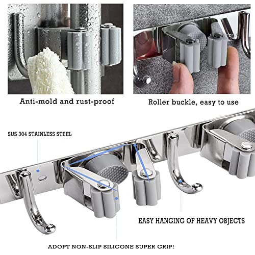 Bosszi Mop and Broom Holder, 3 Positions 4 Hooks Heavy Duty Hanger Wall Mounted Stainless Steel Organizer for Holders, Home Laundry Bathroom, Garage Storage System Utility Tools Rack Storage, Grey