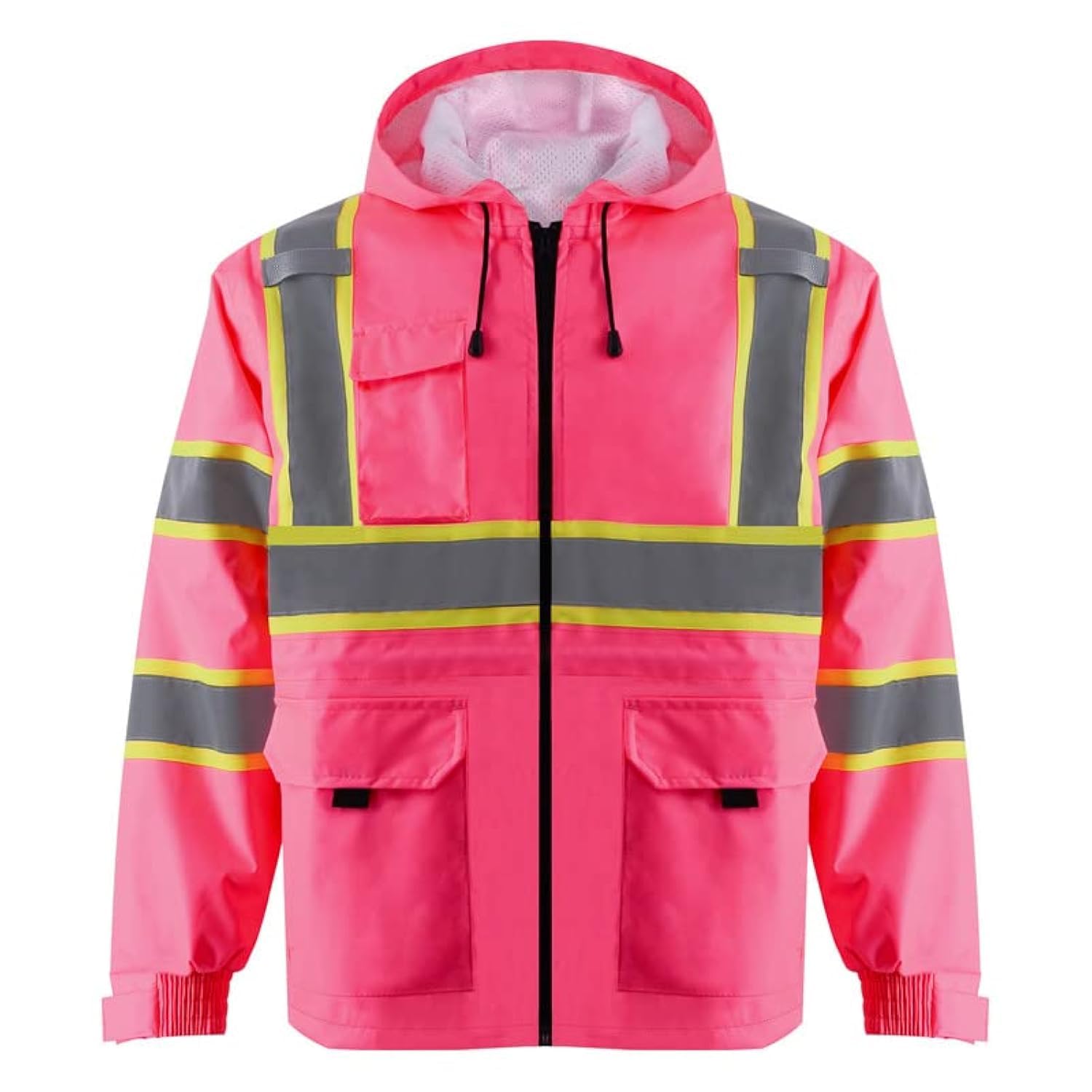 ZUJA High Visibility Bomber Safety Jacket ANSI Class 3 Reflective Jacket Pocket and Zipper Reflective Hoodie Windproof Hi Vis Rain Jacket for Men & Women (Pink, M)