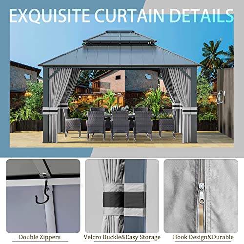 Delnavik 12X14FT Hardtop Gazebo Double Roof, Pergolas Aluminum Frame, Outdoor Metal Gazebos with Netting and Curtains for Patio, Backyard, Deck and Lawns, Grey