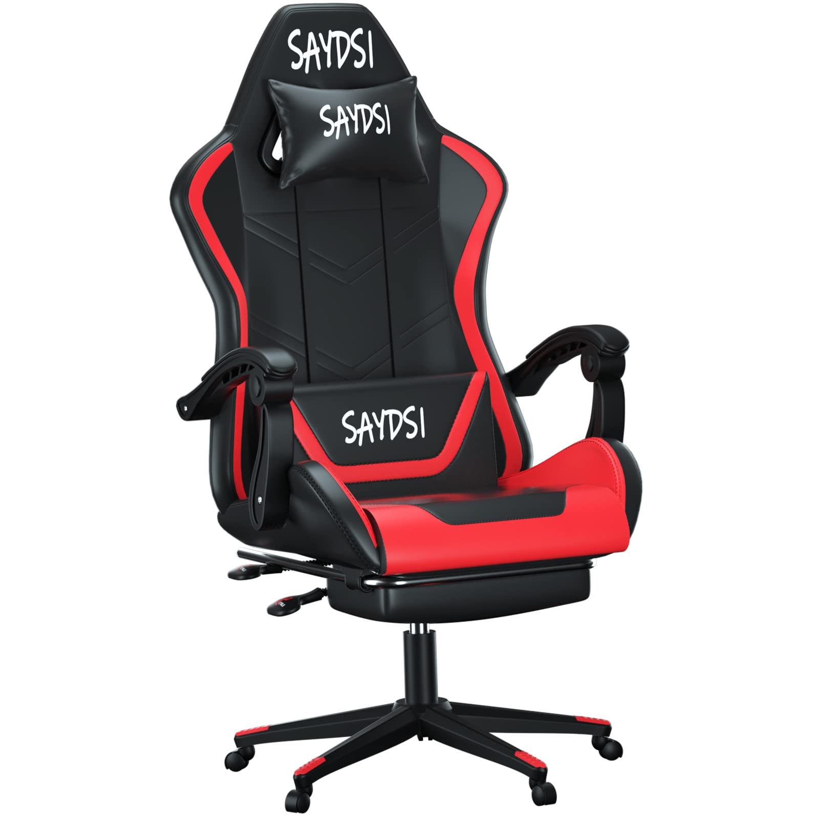 SAYDSI Gaming Chair Computer Chair Leather High Back Chair Racing Executive Ergonomic Office Chair with Height Adjustment, Footrest,Headrest and Lumbar Support Sports Swivel Chair(Red)