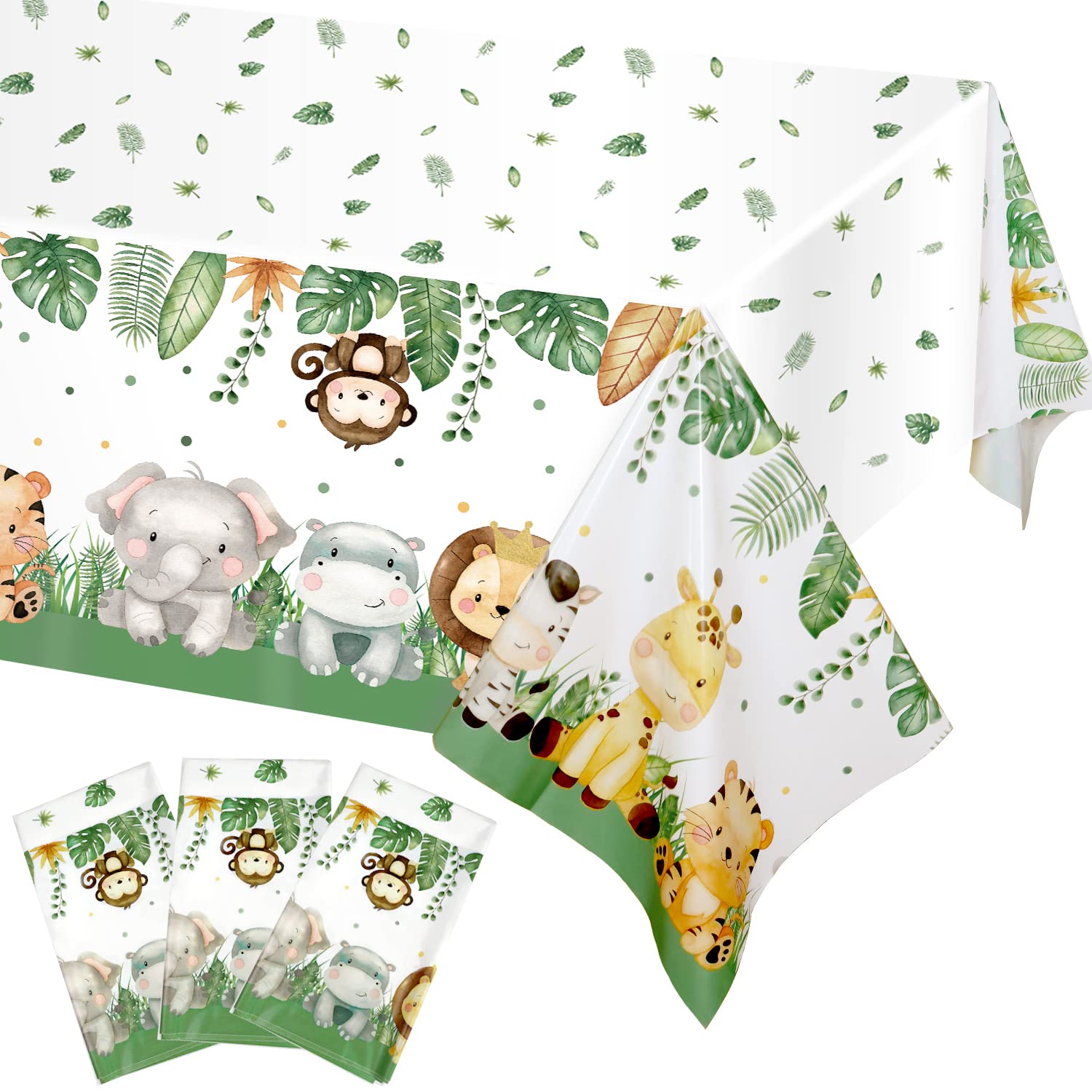 Lopeastar 3Pieces Jungle Safari Tablecloths Animal Print Table Cover, Sage Green Baby Shower Decorations Zoo Birthday Party Supplies for Boys Kids Plastic Table Cloth 108Ć54 Inch