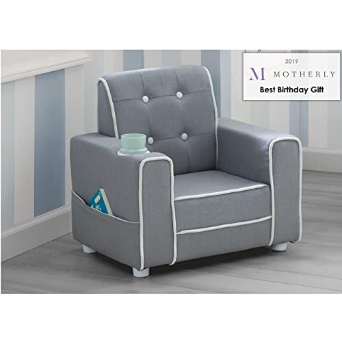 Delta Children Chelsea Kids Upholstered Chair with Cup Holder, Soft Grey