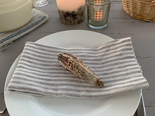 Linen Napkins β 100% French Flax β Stonewashed Pure Linen Cloth Napkins β Mitered Corners β Set of 4 (Gray/White Stripe)