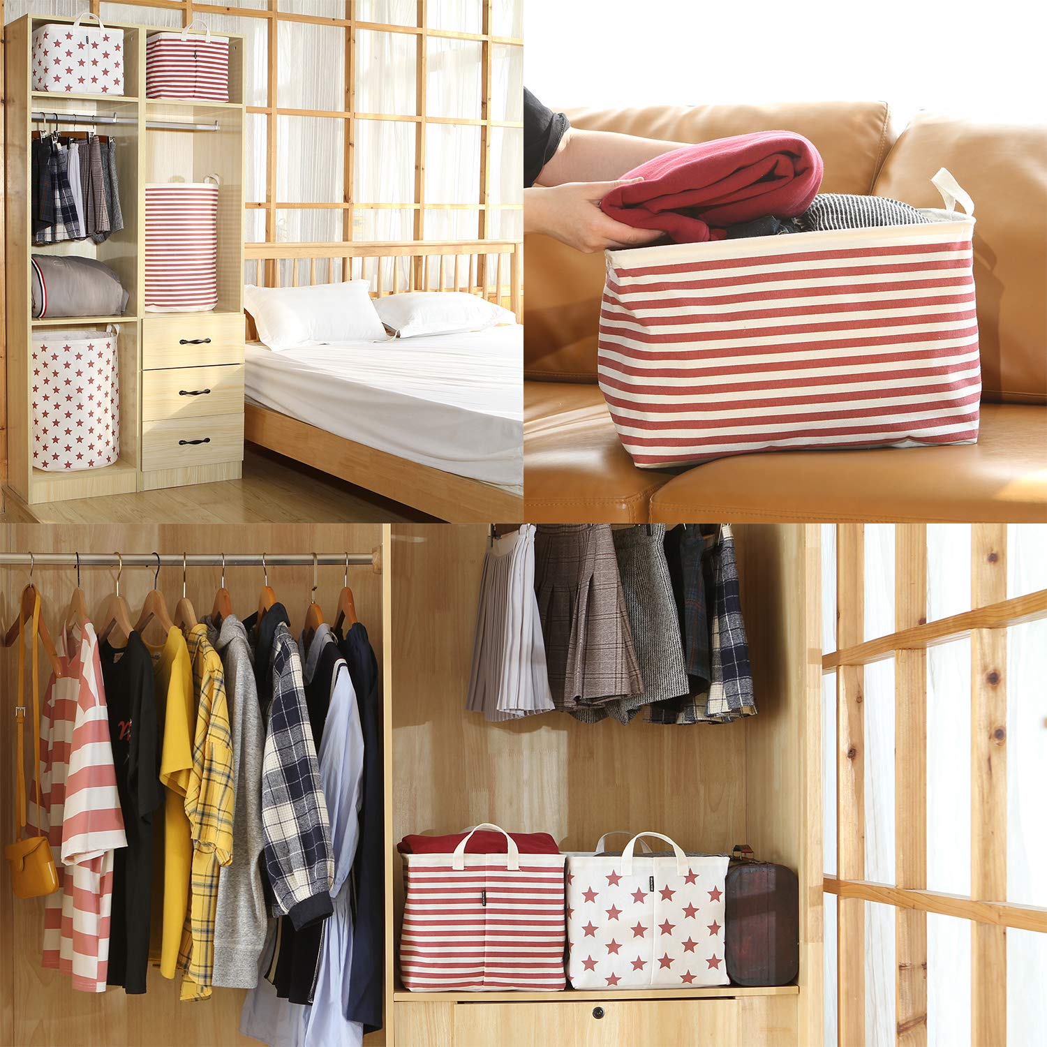 Sea Team Collapsible Canvas Fabric Storage Basket with Handles, Rectangle Waterproof Storage Bin, Box, Cube, Foldable Shelf Basket, Closet Organizer, 16.5 x 11.8 x 9.8 Inches, Red Stripe