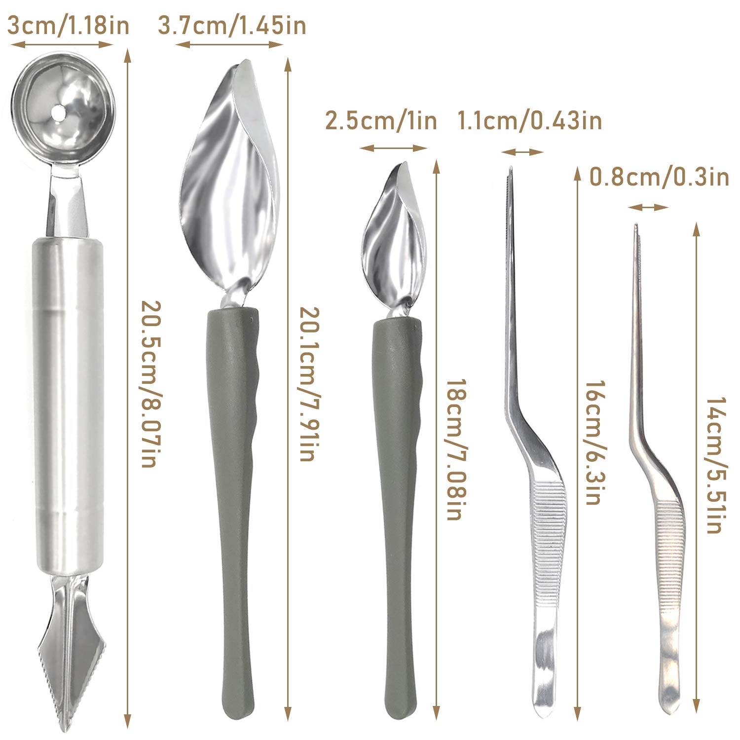 5 Pieces Culinary Drawing Decorating Spoon Set, Drizzle Spoons, Cooking Tweezers and Melon Baller Spoon, Professional Chef Tool for Decorating Plates